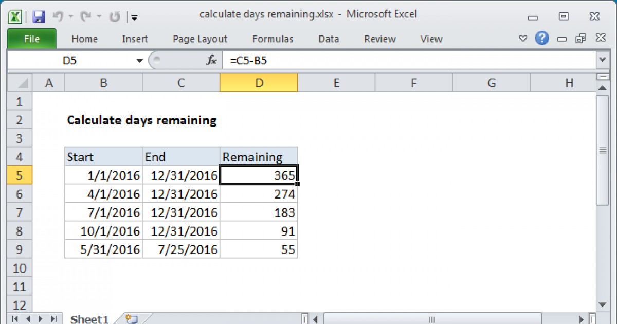 Calculate Days Remaining Excel Formula Exceljet